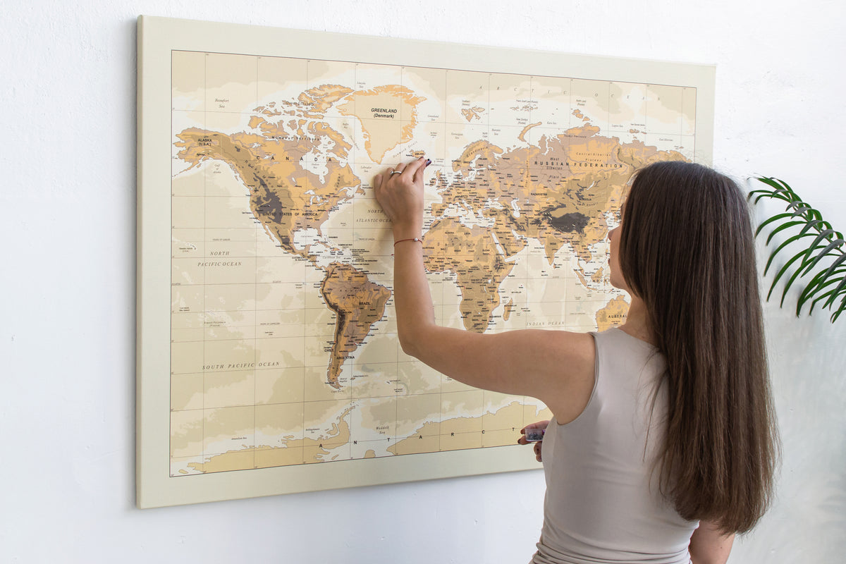 Push Pin World Map - Sand (Detailed) – PinArtMap